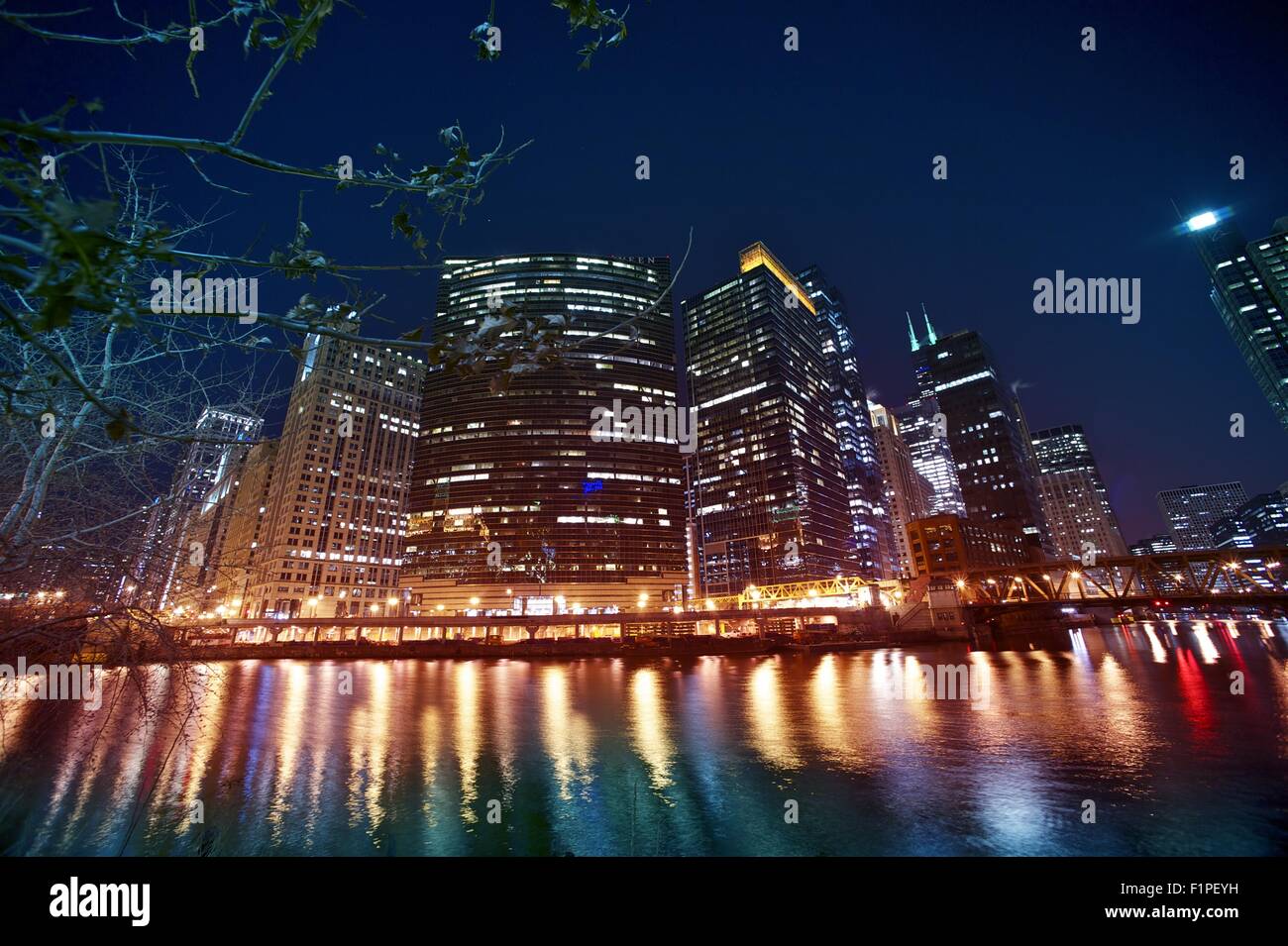 Chicago River Front - Night Time Long Exposure Photography. Downtown ...