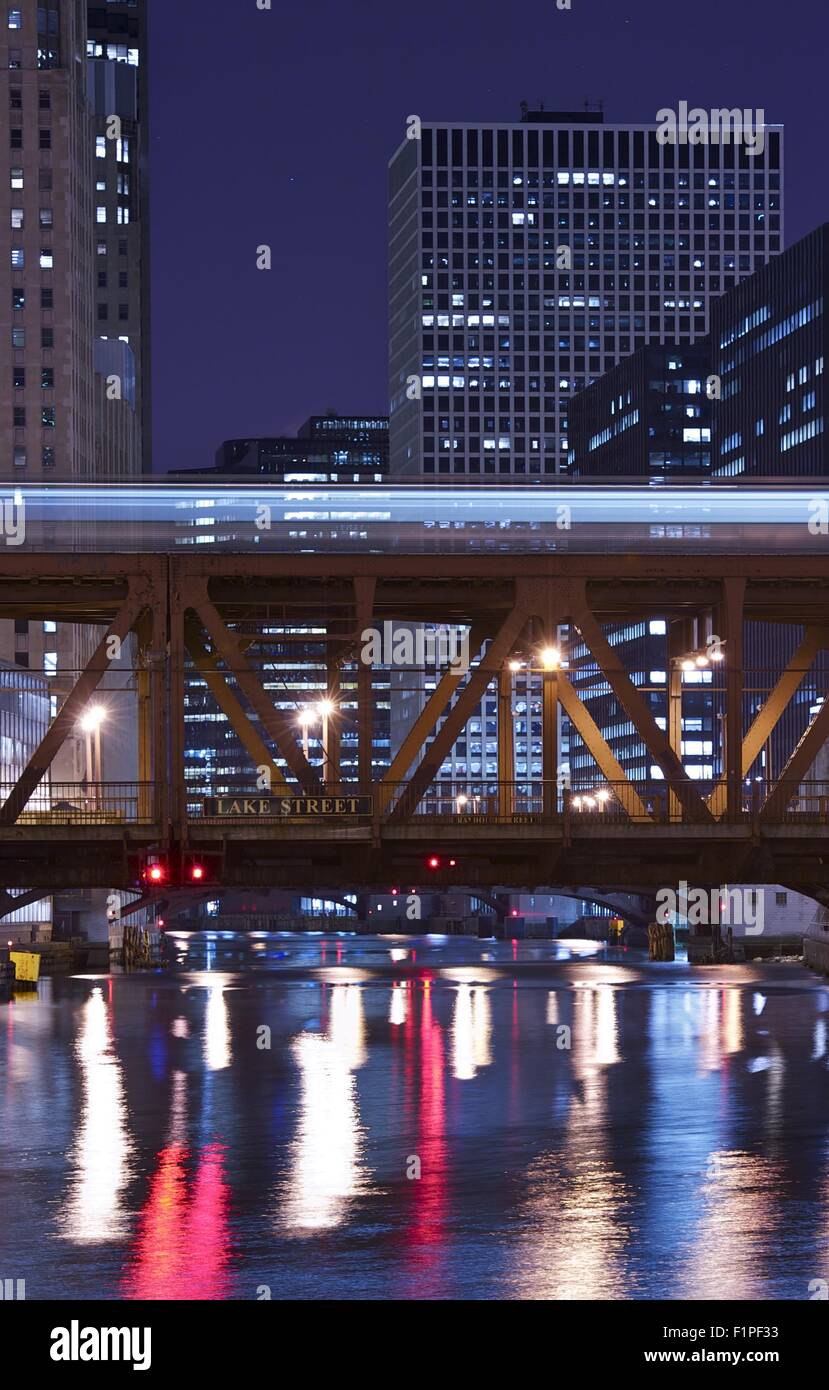 Chicago River at Night - Old Metal Lake Street Bridge. Downtown Chicago ...