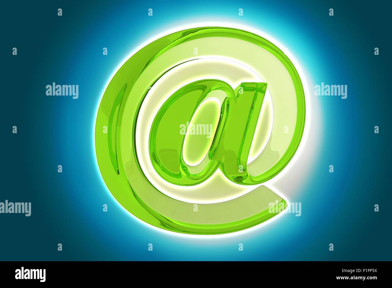 Glossy Green At Symbol - 3D Render. Dark Blue Background Stock Photo ...