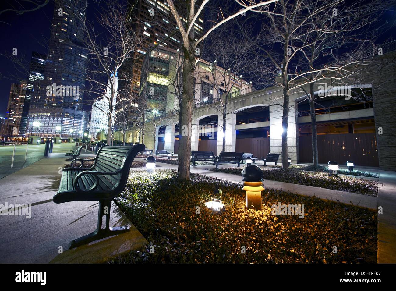 Bench on Chicago Riverwalk at Night. Downtown Chicago at Night ...