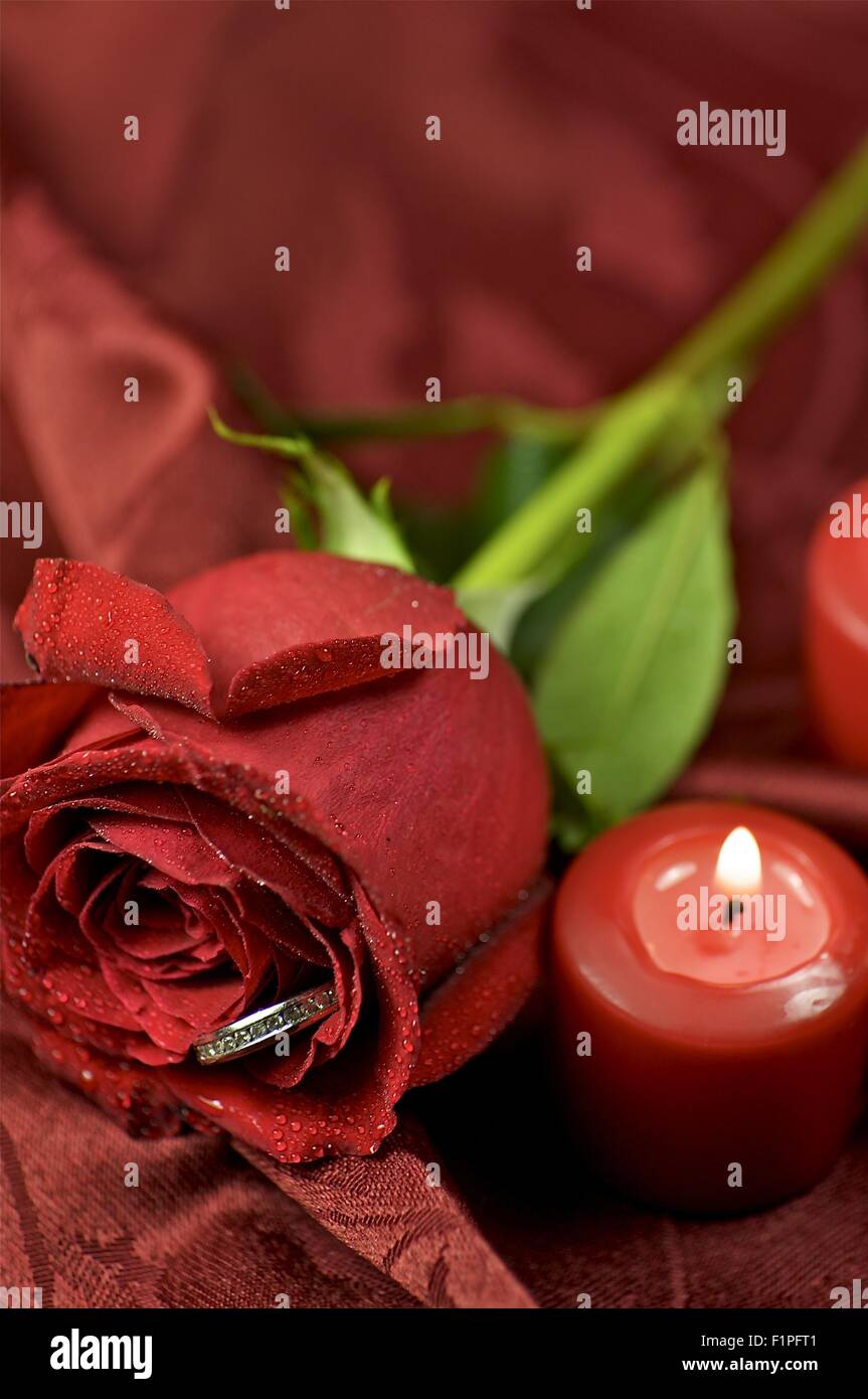 Red Rose Engagement Ring. Red Candles and Soft Burgundy Background ...