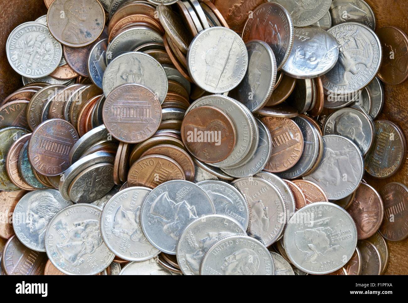 American Dollar Coins Background. Old Rustic American Coins Horizontal ...