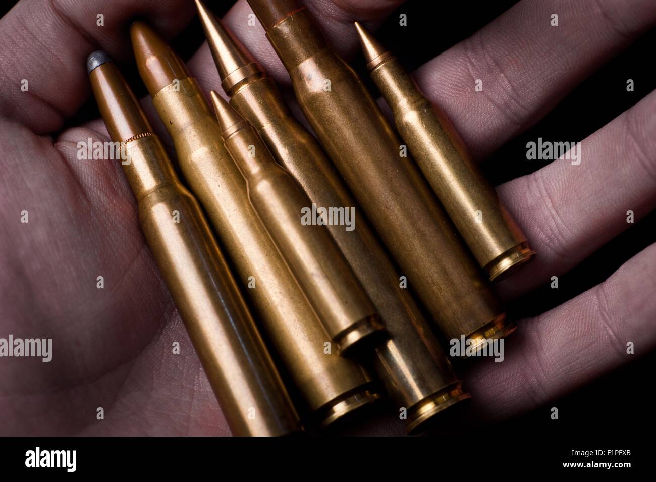 Few Rifle and Firearm Bullets in Men Hand. Bullets Closeup Horizontal ...