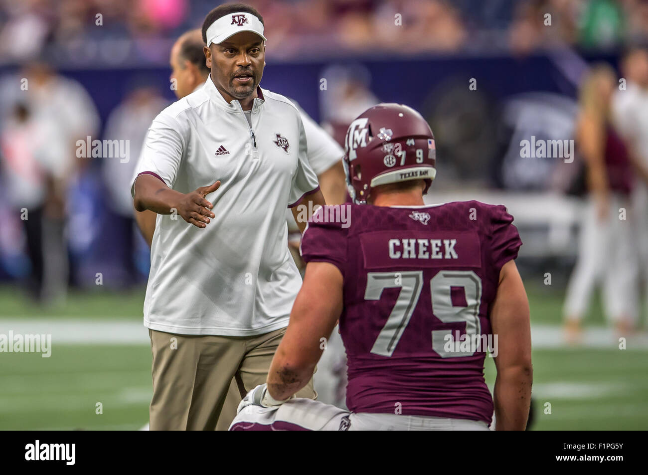 September 5, 2015 - Coach Kevin Sumlin peps up his team in pregame ...