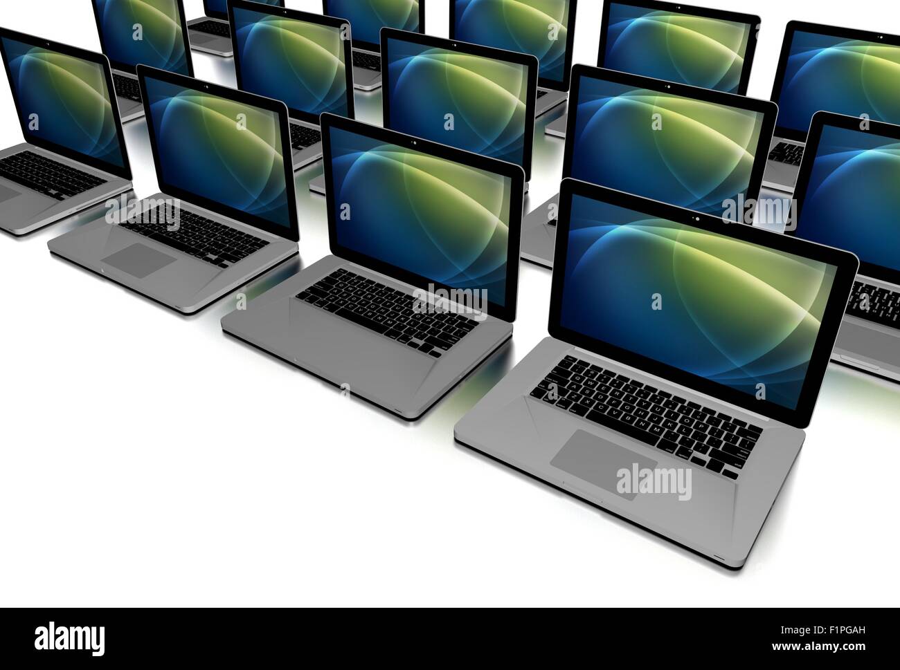 Laptops Farm. Computers Stock on Solid White Background. 3D Render ...