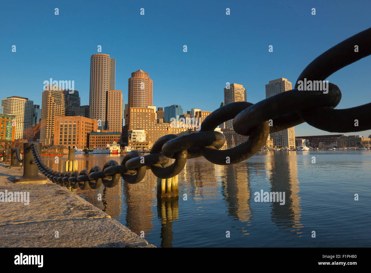 ANCHOR CHAIN BARRIER FAN PIER HARBORWALK ROWES WHARF DOWNTOWN SKYLINE ...