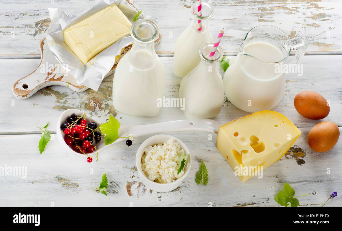 Fresh Dairy products on a white wooden background.Top view Stock Photo ...