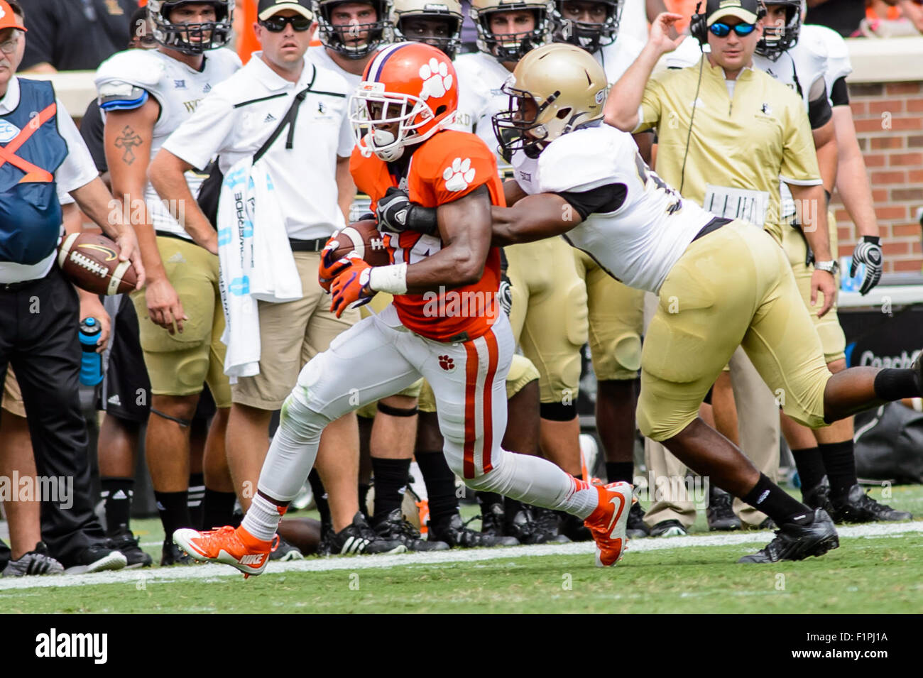 Clemson Tigers wide receiver Ray Ray McCloud (34) tries to turn the ...