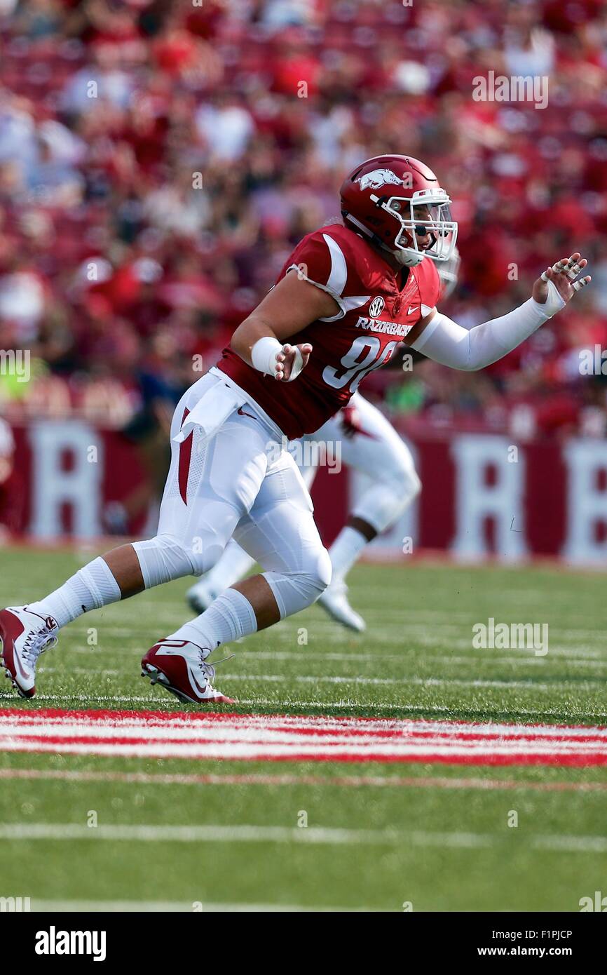 Sep, 2015: Razorback defensive end Karl Roesler #96 comes down the line ...