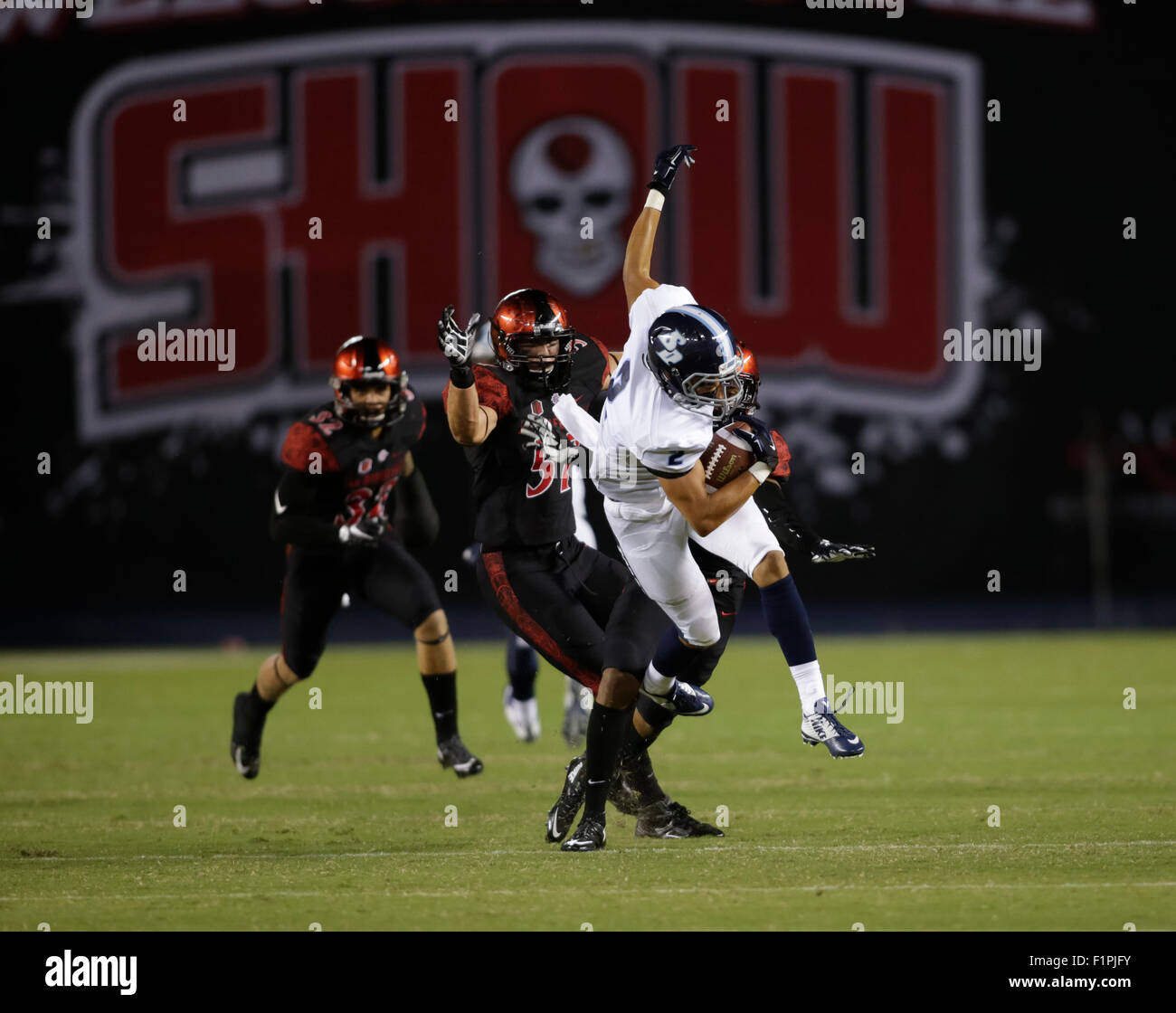 San Diego, CA. 5th Sep, 2015. San Diego WR #2 Brian Riley takes a big ...