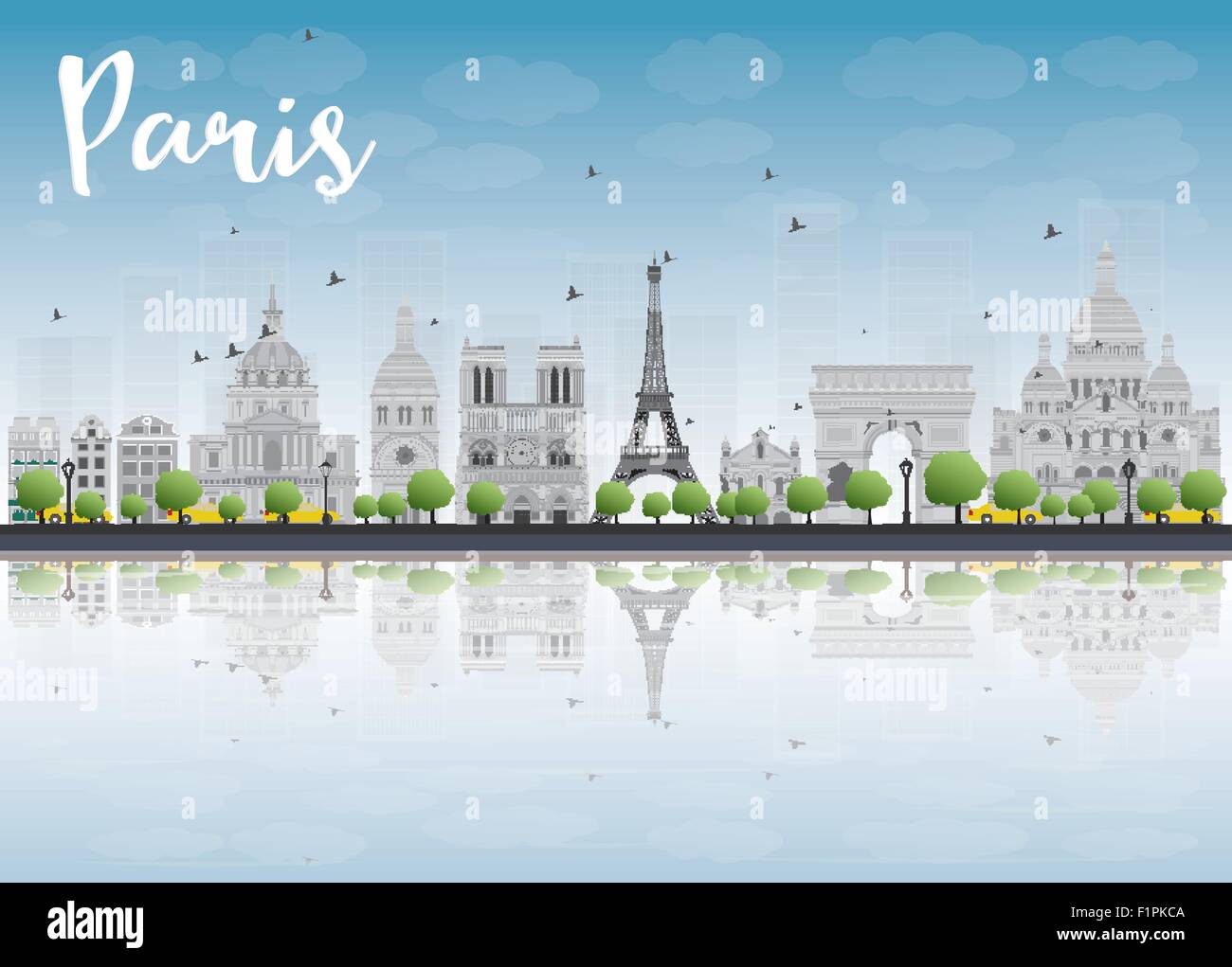 Paris skyline with grey landmarks and blue sky. Vector illustration ...