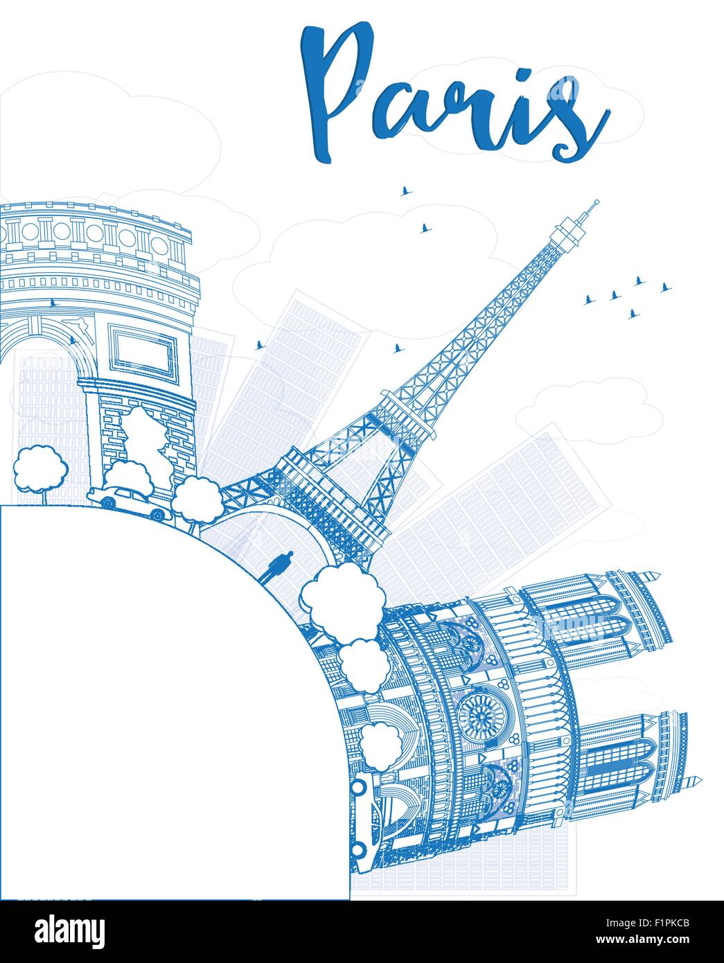 Outline Paris skyline with blue landmarks and copy space. Vector ...