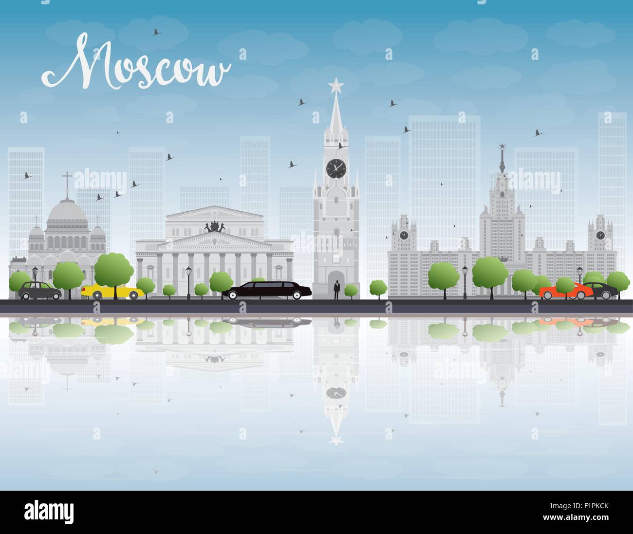 Moscow skyline with grey landmarks and blue sky. Vector illustration ...
