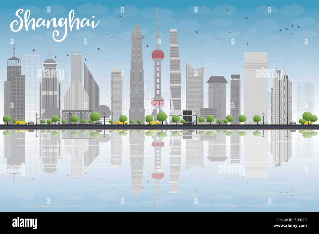 Shanghai skyline with blue sky, grey skyscrapers and reflections ...