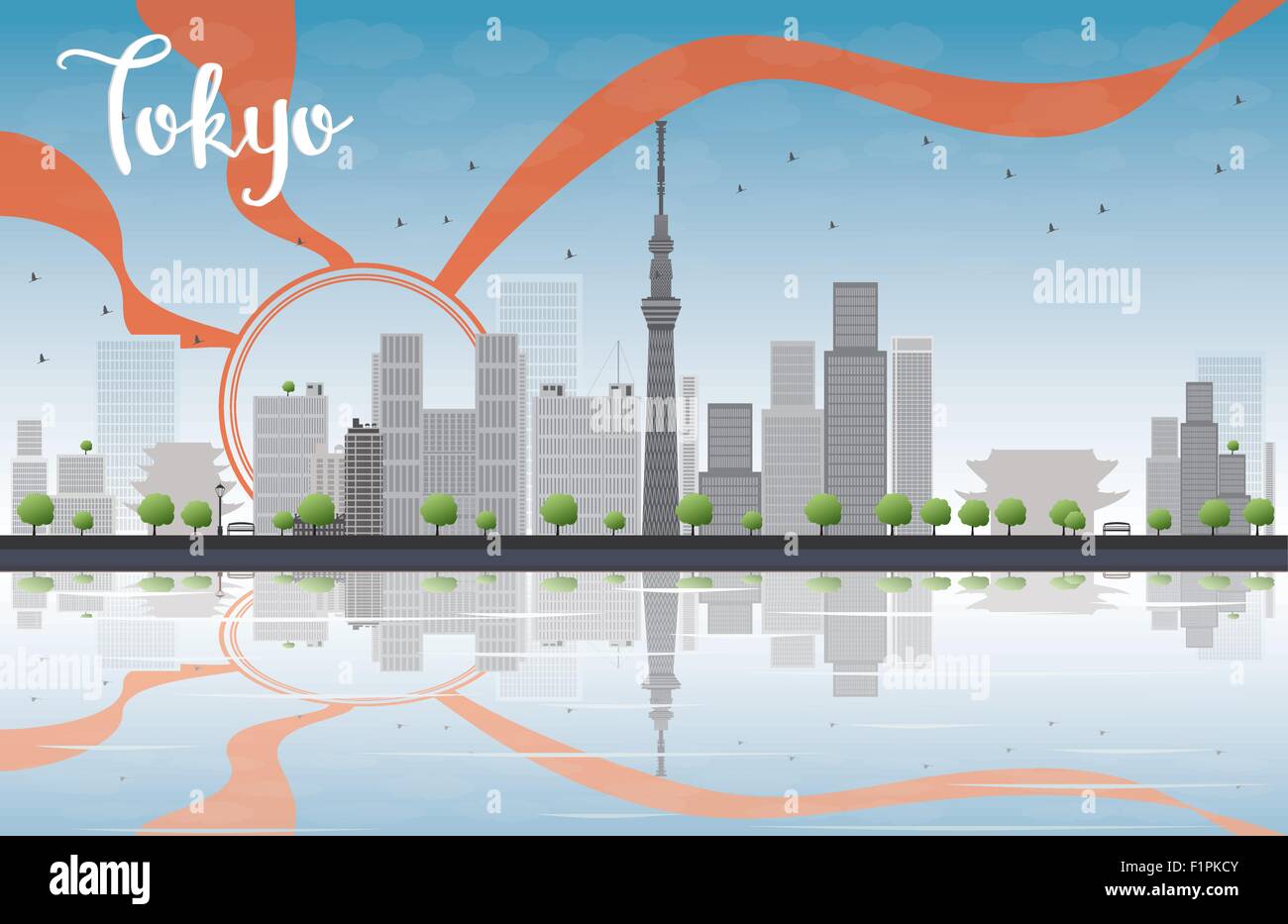 Tokyo skyline with skyscrapers, sun and reflection. Vector illustration ...