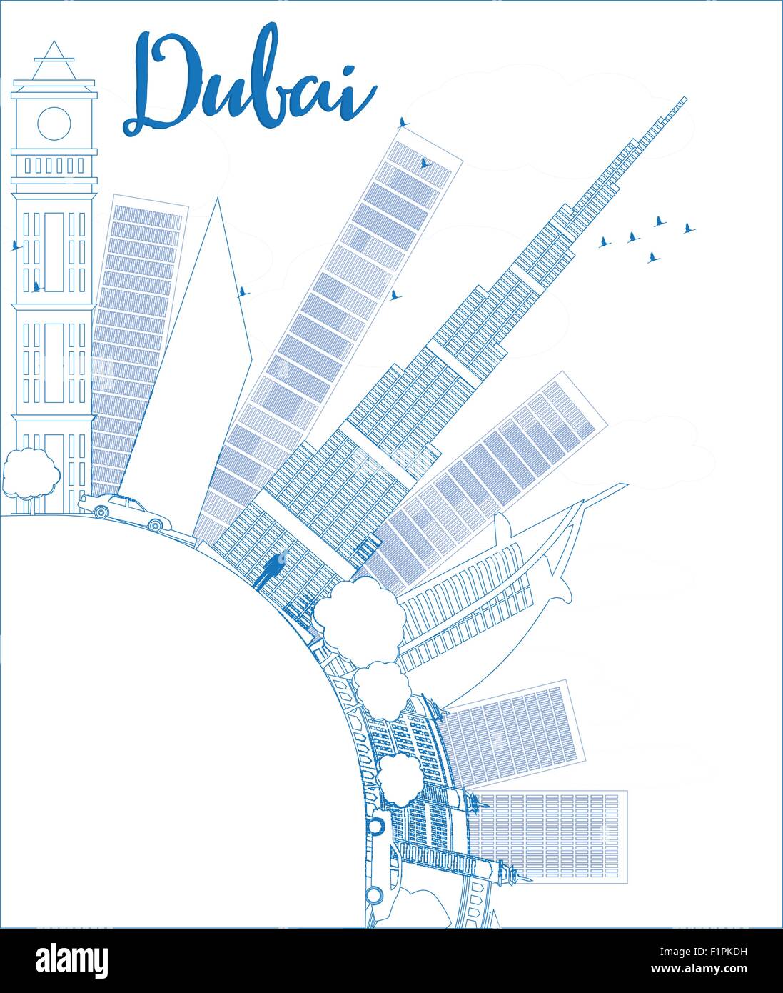 Outline Dubai City skyline with blue skyscrapers and copy space. Vector ...