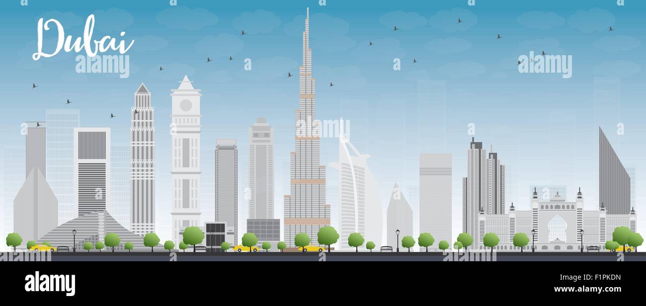 Dubai City skyline with grey skyscrapers and blue sky. Vector ...