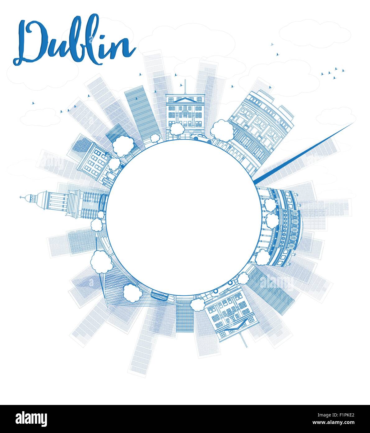 Outline Dublin Skyline with Blue Buildings and copy space, Ireland ...