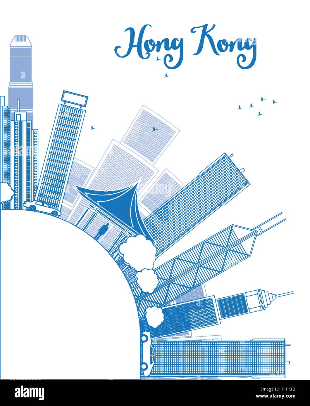 Outline Hong Kong skyline with taxi and copy space. Vector illustration ...