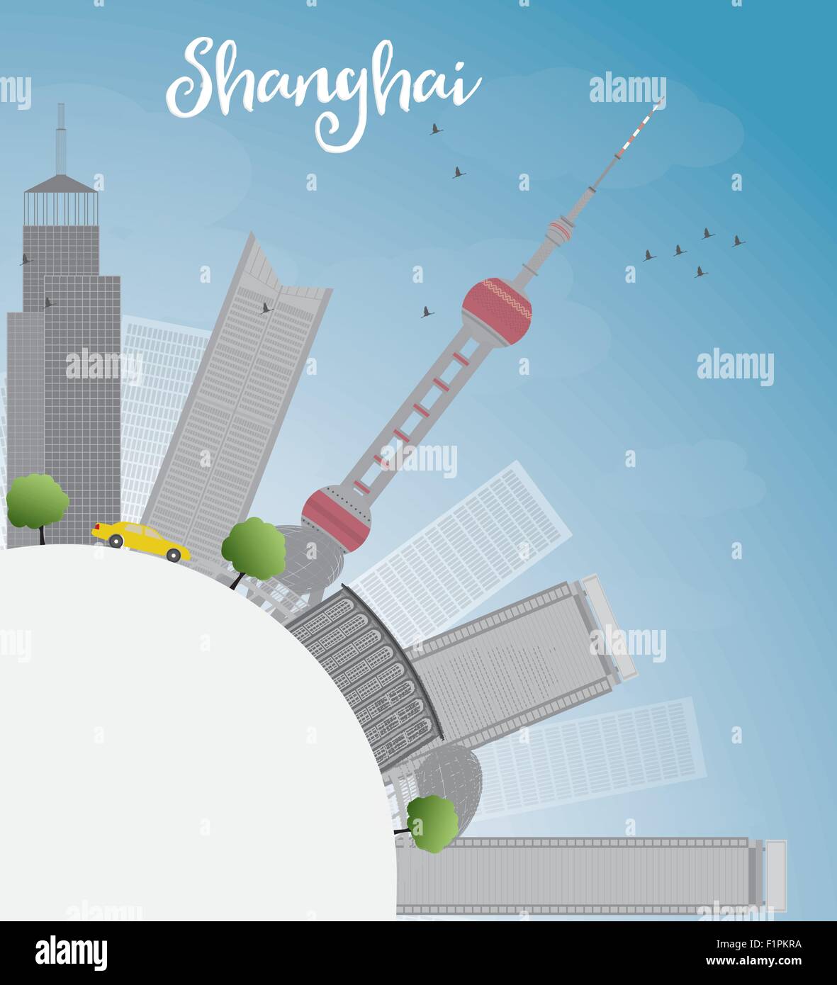 Shanghai skyline with blue sky and grey skyscrapers. Vector ...