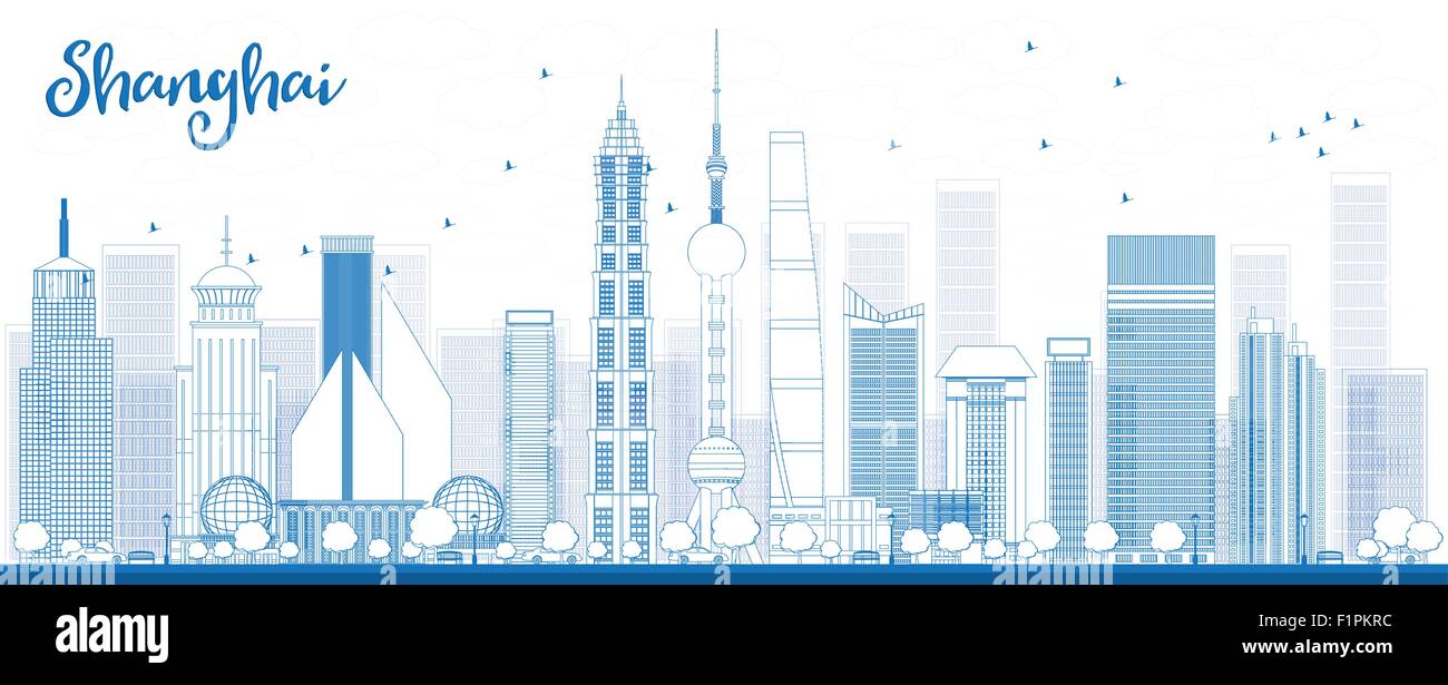 Outline Shanghai skyline with blue skyscrapers. Vector illustration ...