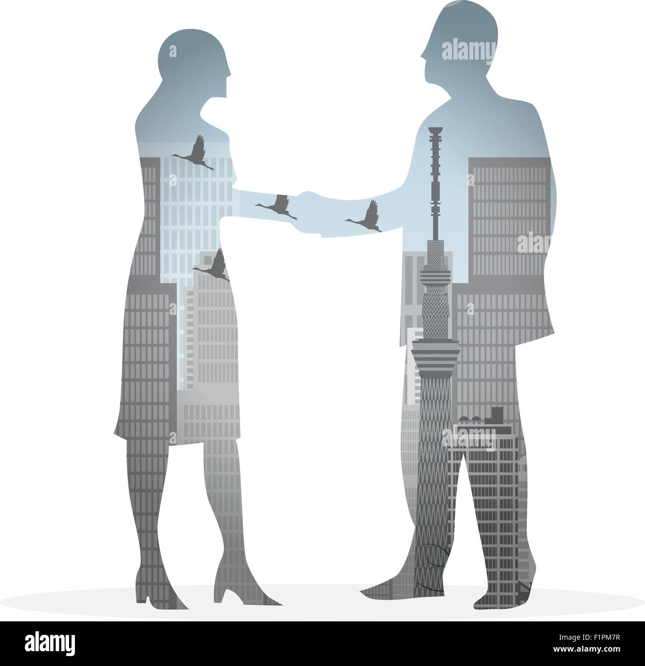 double exposure handshake businessman on city background Vector ...