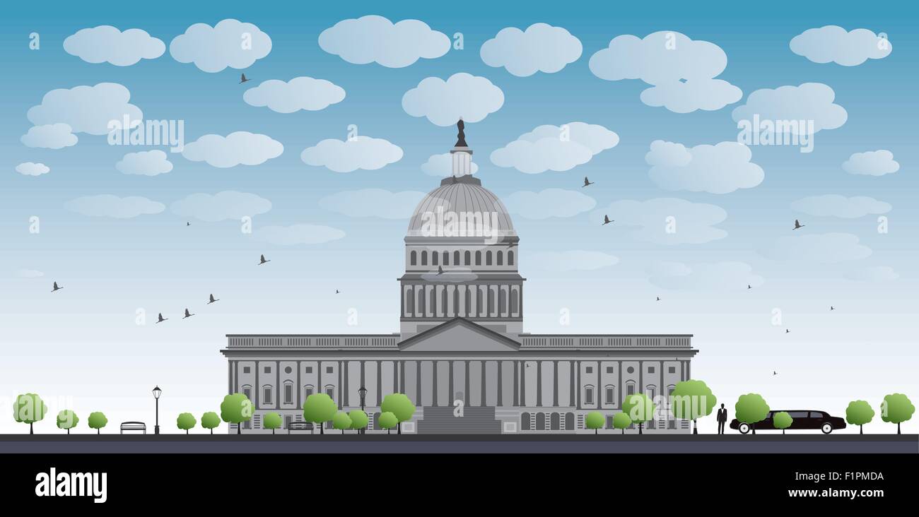 Washington DC Capitol landscape with cloud and blue sky, USA Vector ...