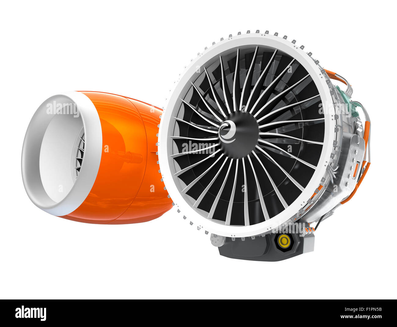 Two Jet turbofan engines isolated on white background. One with orange ...