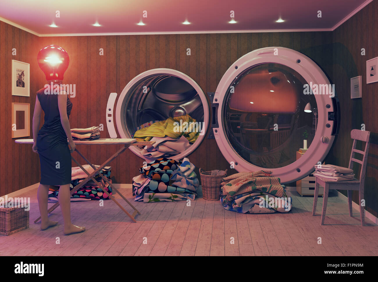 Woman on the brink of hysteria and the Big Wash. 3d Creative concept ...