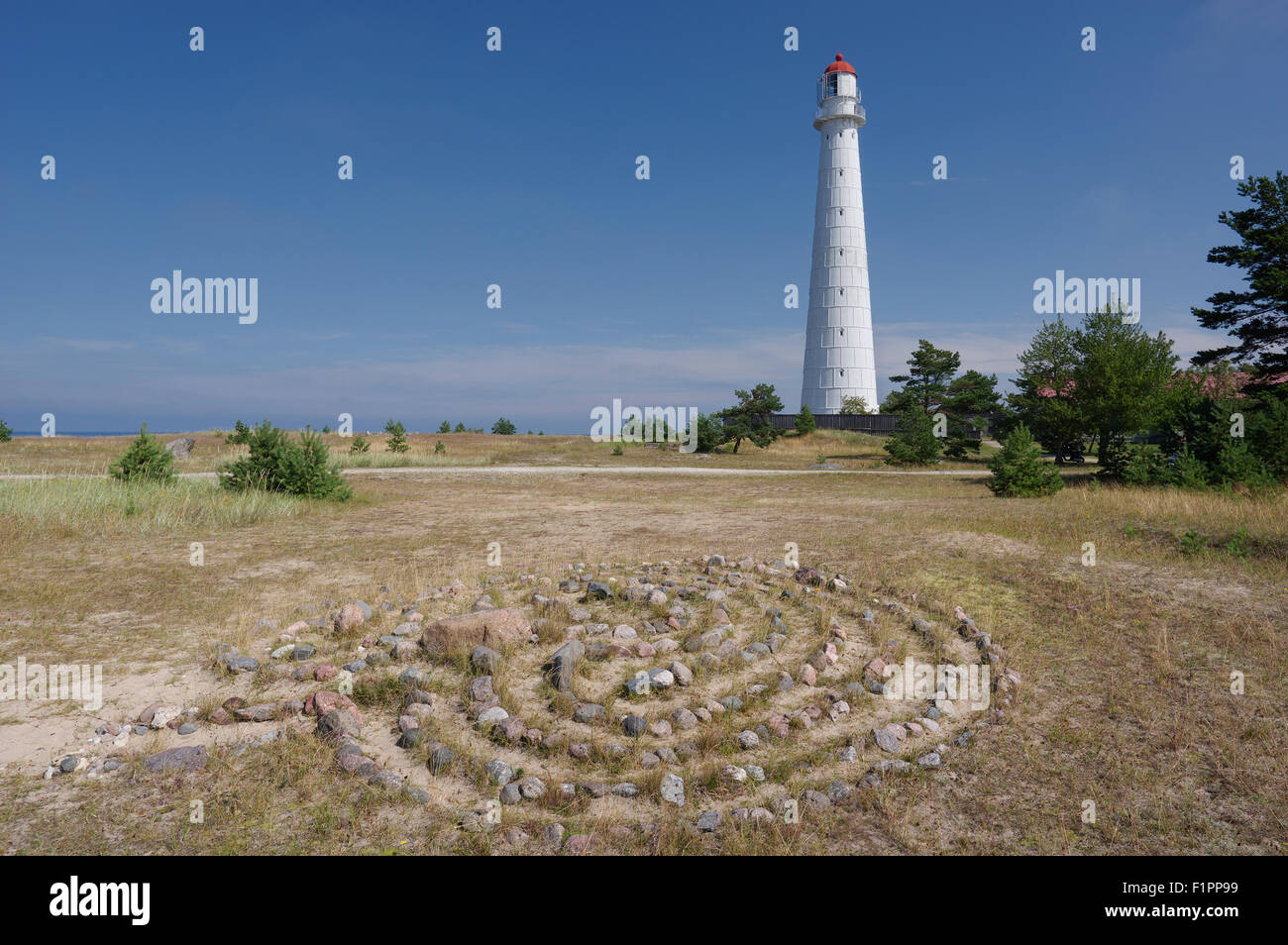 Tahkuna lighthouse, the stone labyrinth in the foreground. Island ...