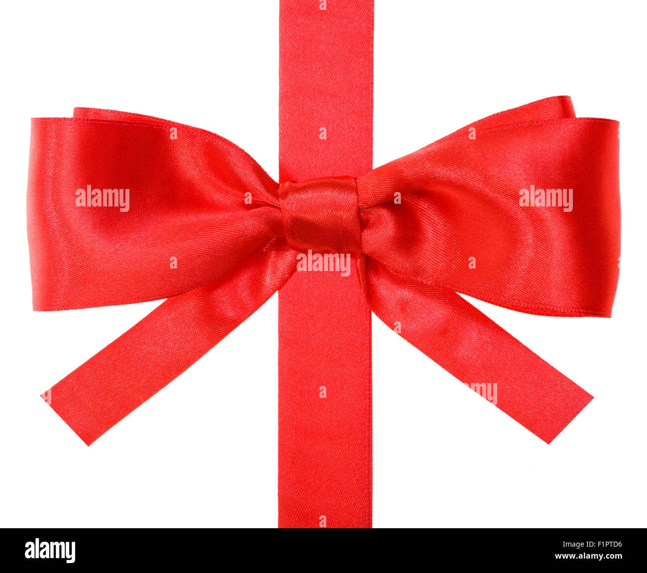 real red satin bow with square cut ends on vertical ribbon close up ...