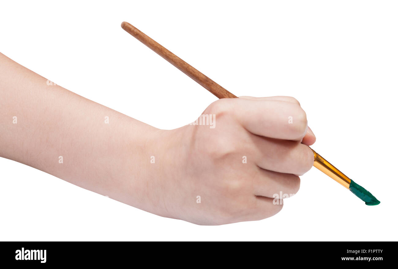 hand with artistic paintbrush paints in green isolated on white ...