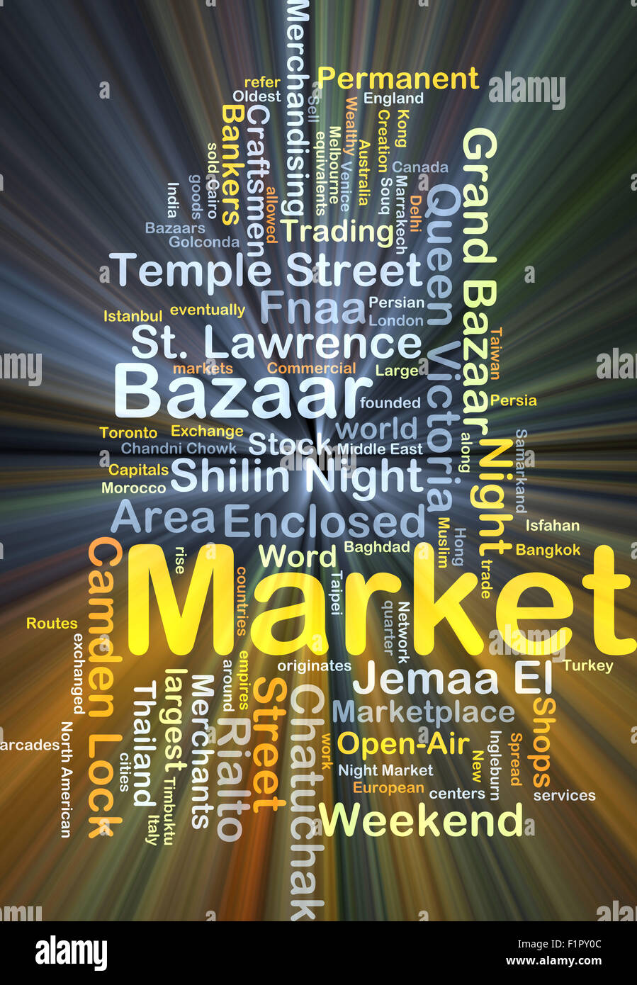 Background concept wordcloud illustration of market glowing light Stock ...