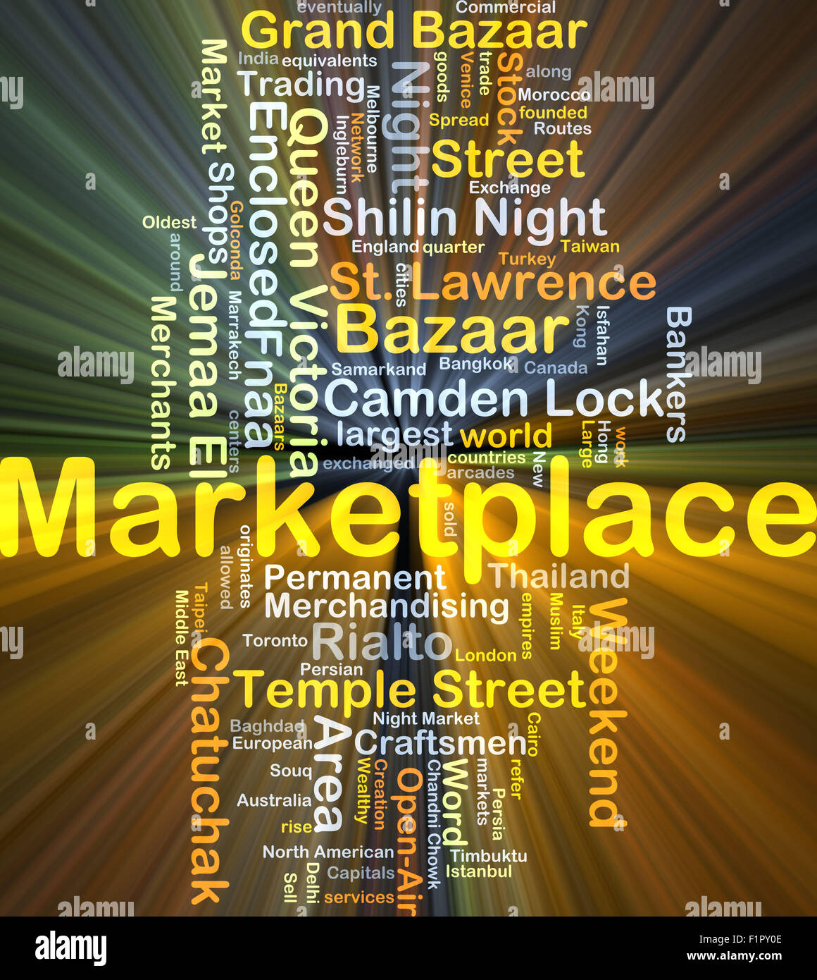 Background concept wordcloud illustration of marketplace glowing light ...