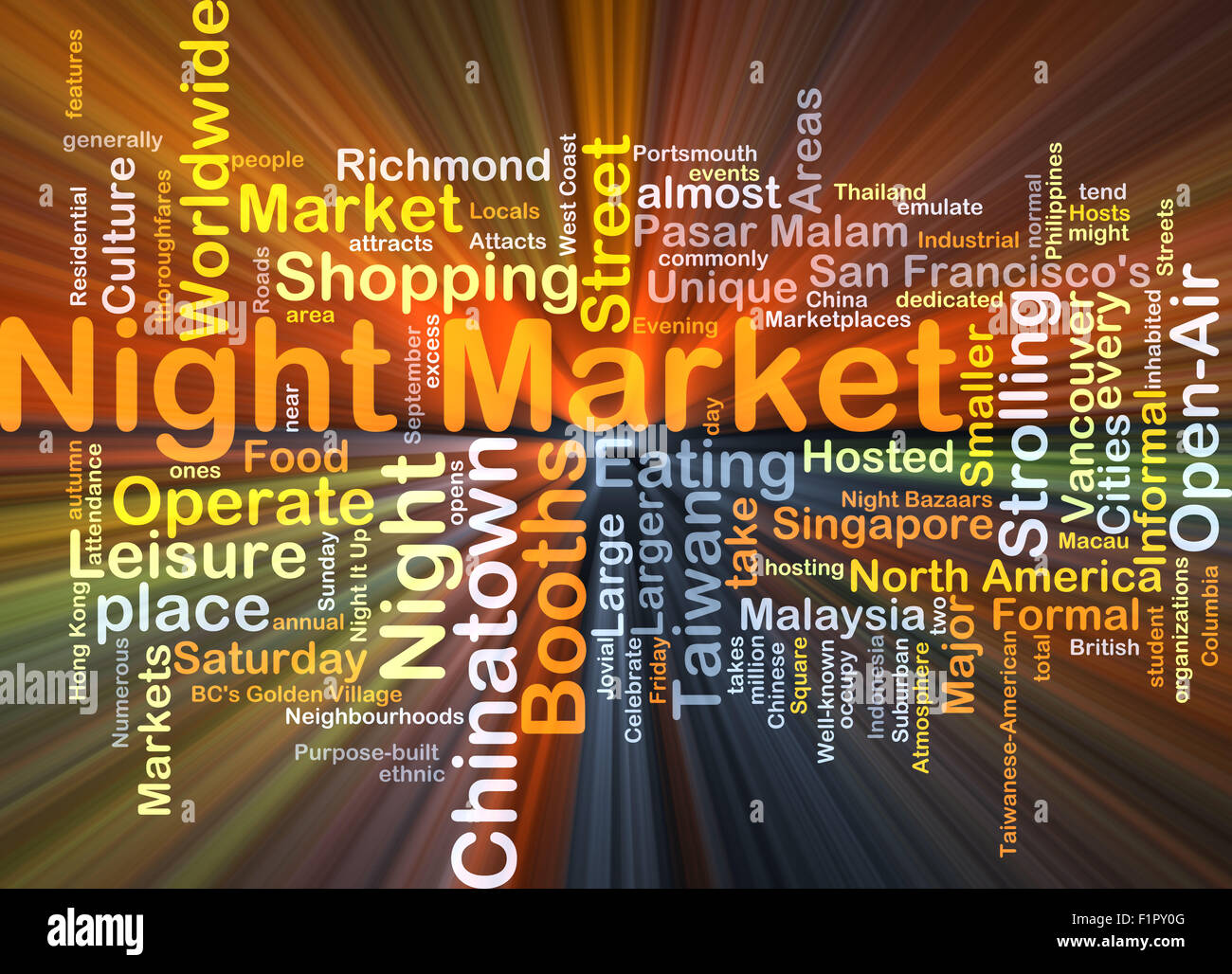 Background concept wordcloud illustration of night market glowing light ...