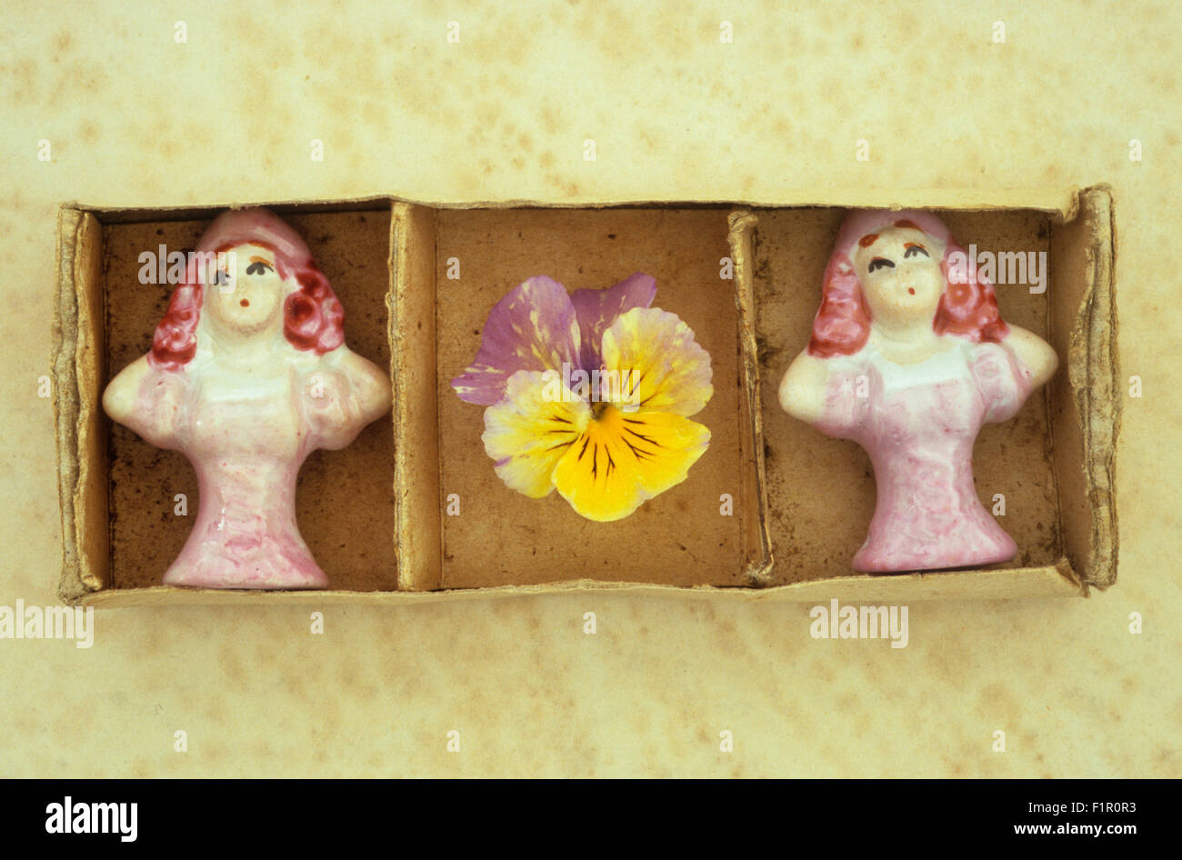 Two identical half-dolls from pin-cushions in pink bodices in card box ...