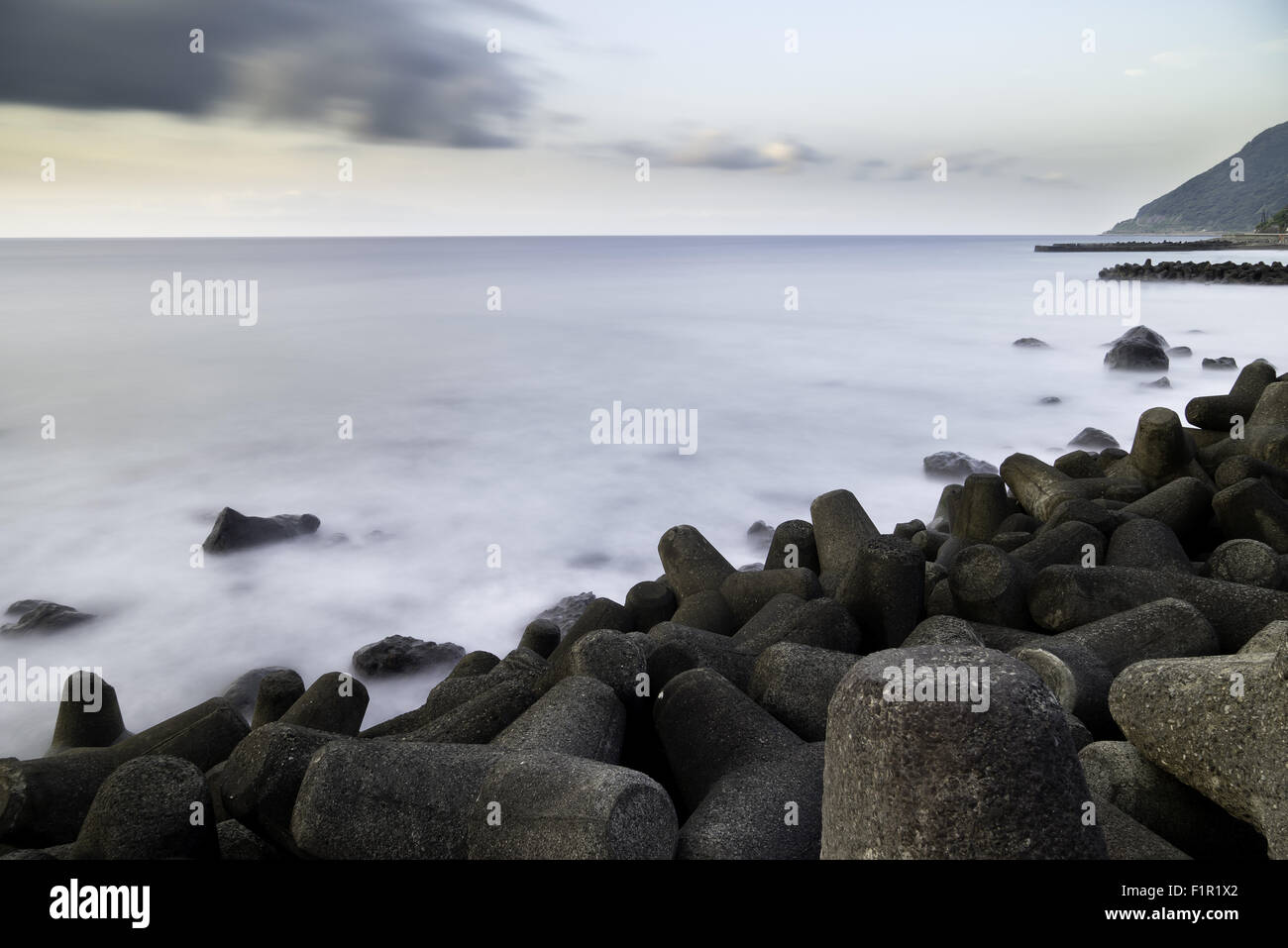 Wave breakers and sea at sunrise in Atagawa, Shizuoka Prefecture, Japan ...