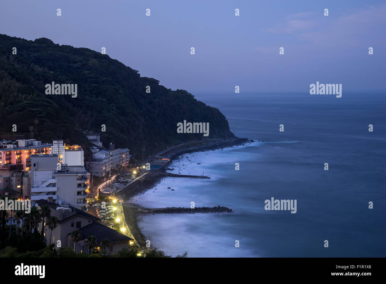 Above view of Atagawa hot spring area after sunset, Shizuoka Prefecture ...