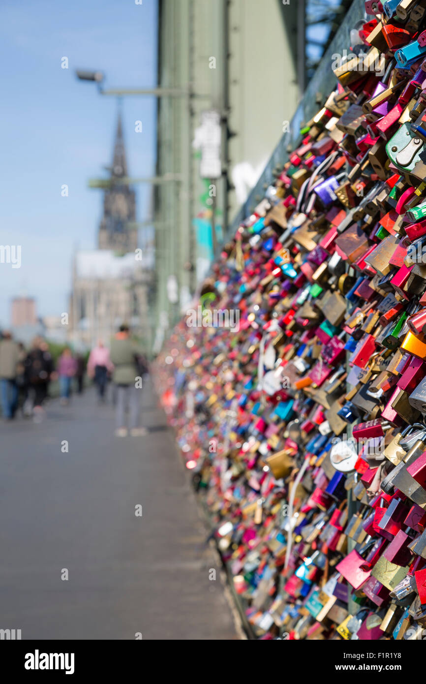 View of love locks on the Hohenzollern Bridge in Cologne, Germany with ...