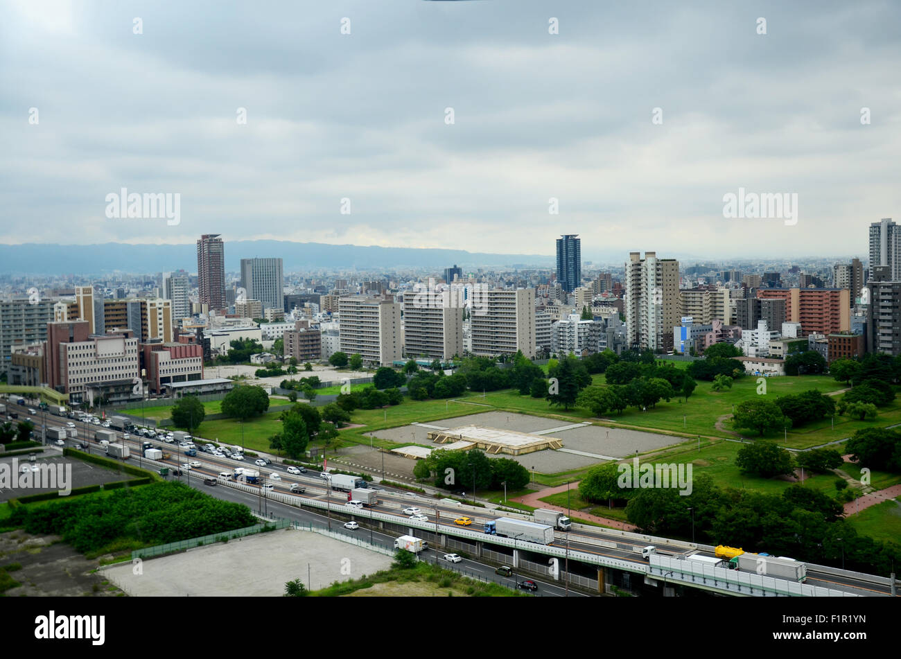 Aerial view cityscape of Osaka city at around Osaka castle on July 10 ...