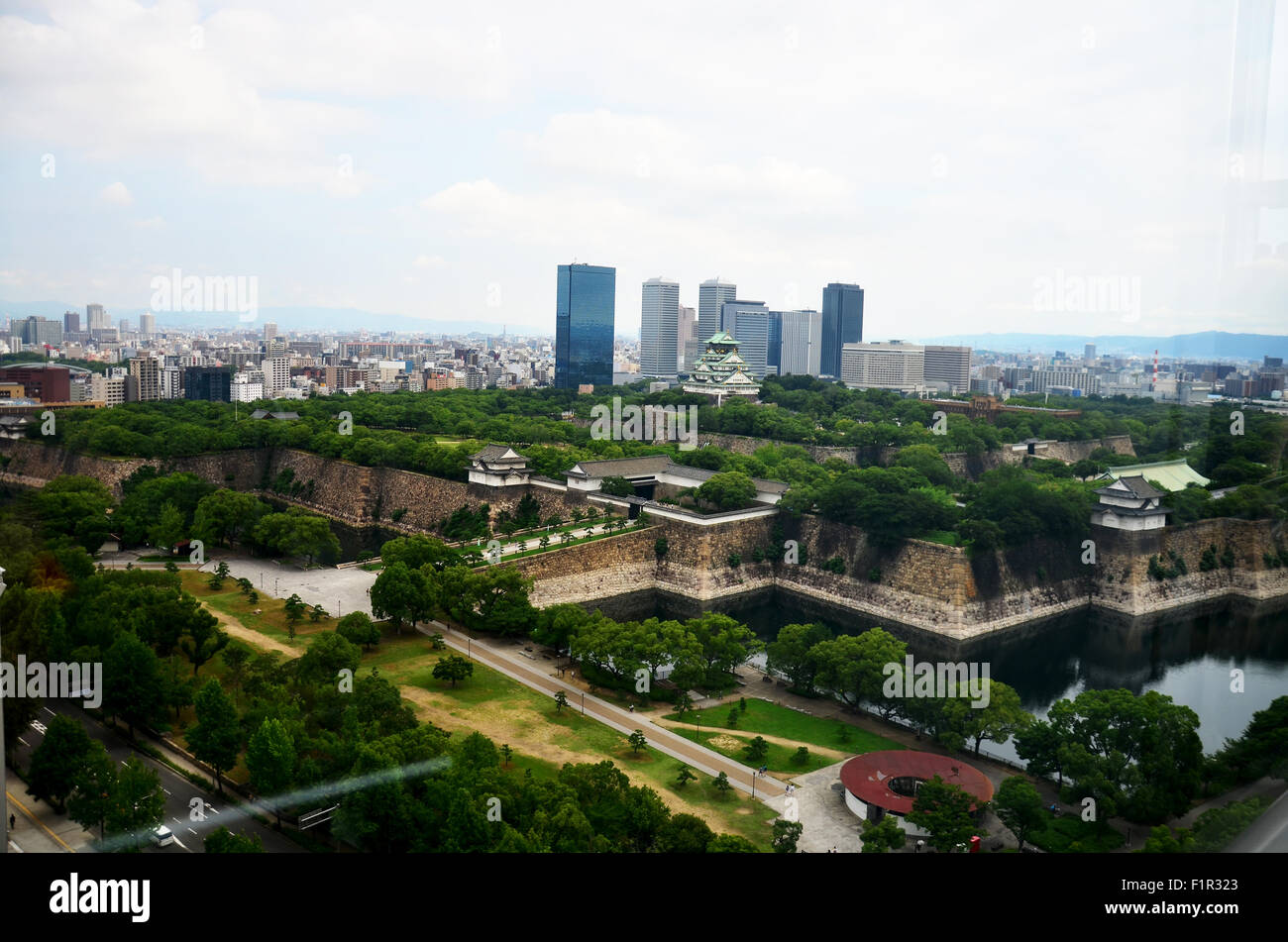Aerial view cityscape of Osaka city at around Osaka castle on July 10 ...