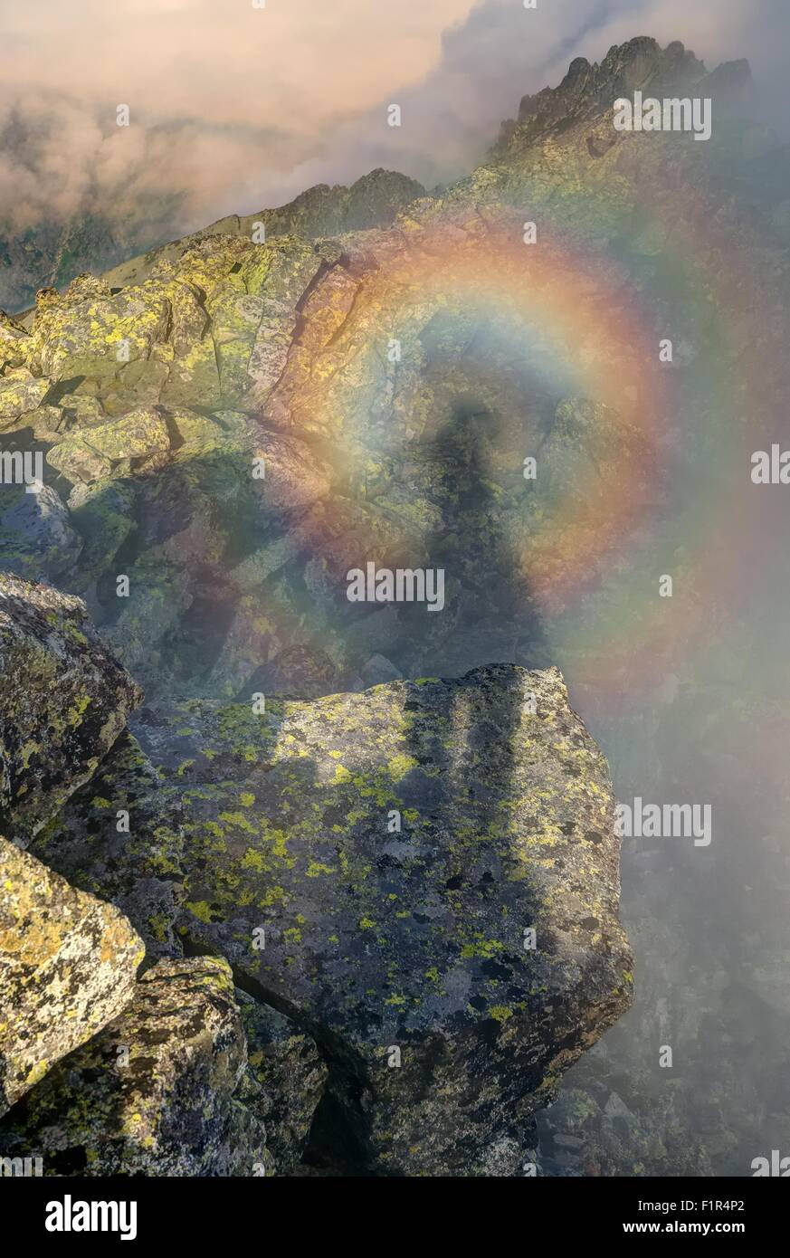 Mountain sunrise landscape. A brocken spectre in High Tatra Mountains ...