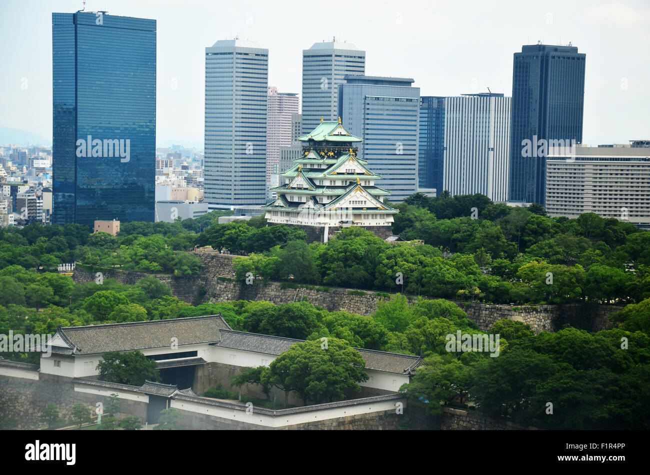 Aerial view cityscape of Osaka city at around Osaka castle on July 10 ...
