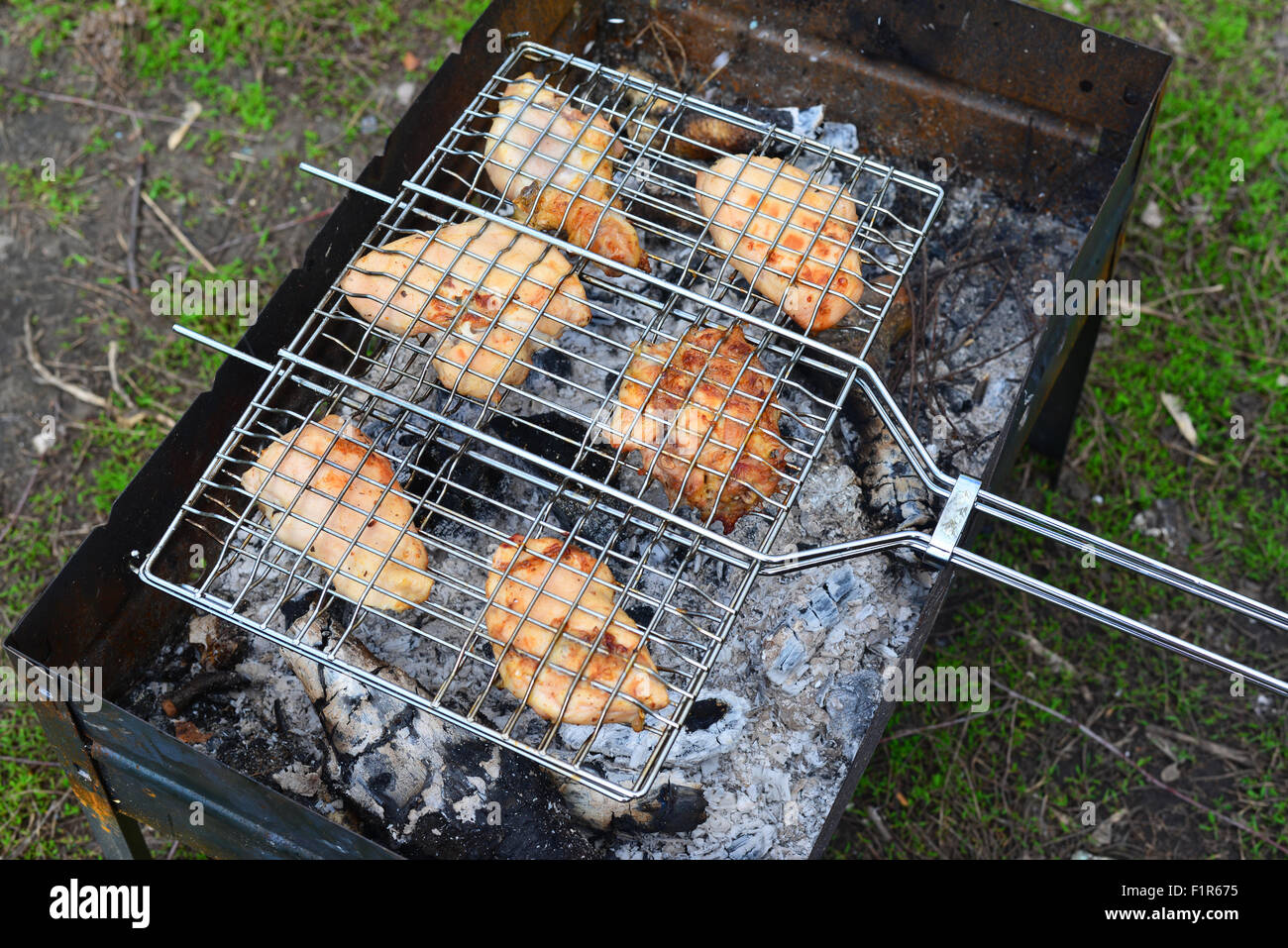 Barbecue chicken over an open fire in summer Stock Photo - Alamy