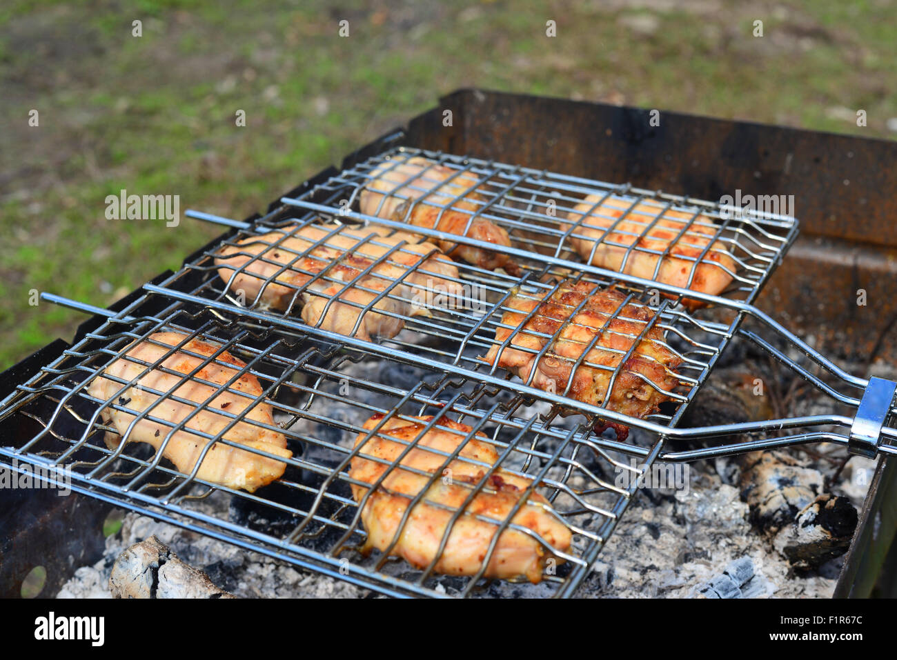 Barbecue chicken over an open fire in summer Stock Photo - Alamy