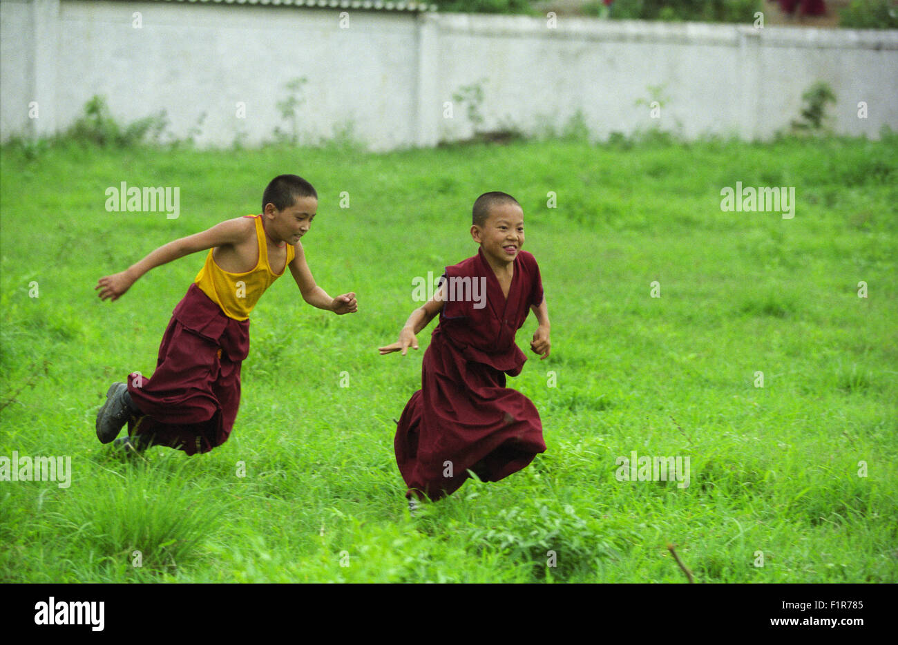 Young tibetan monks run and play in a day off at the Drepung Gomang ...