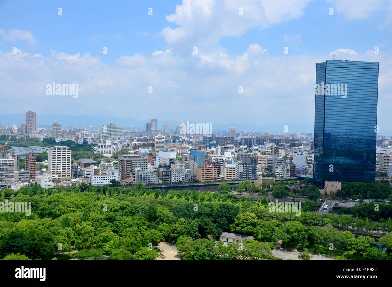 Aerial view cityscape of Osaka city at around Osaka castle on July 10 ...