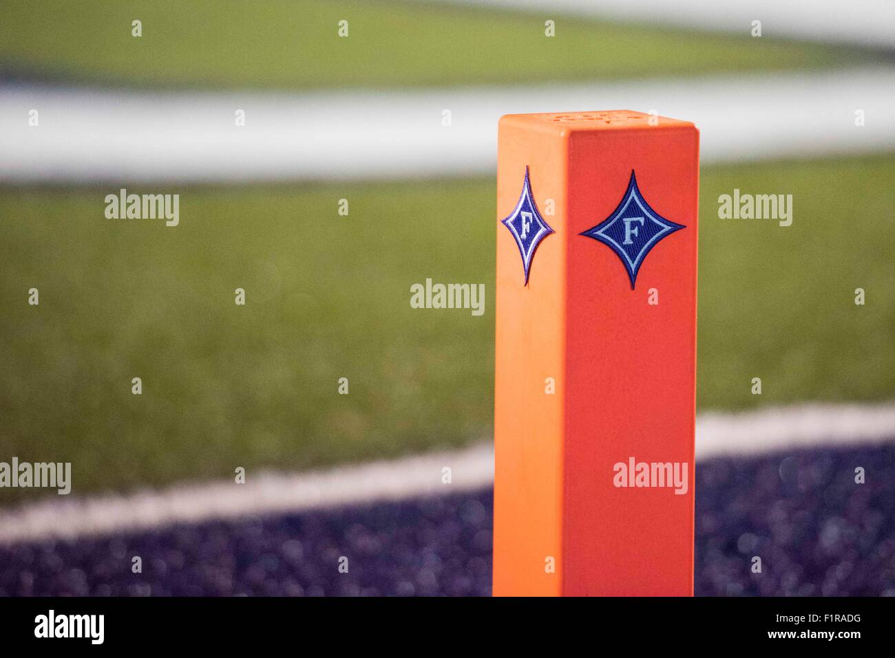 A Furman end zone marker with the school logo during the NCAA college ...