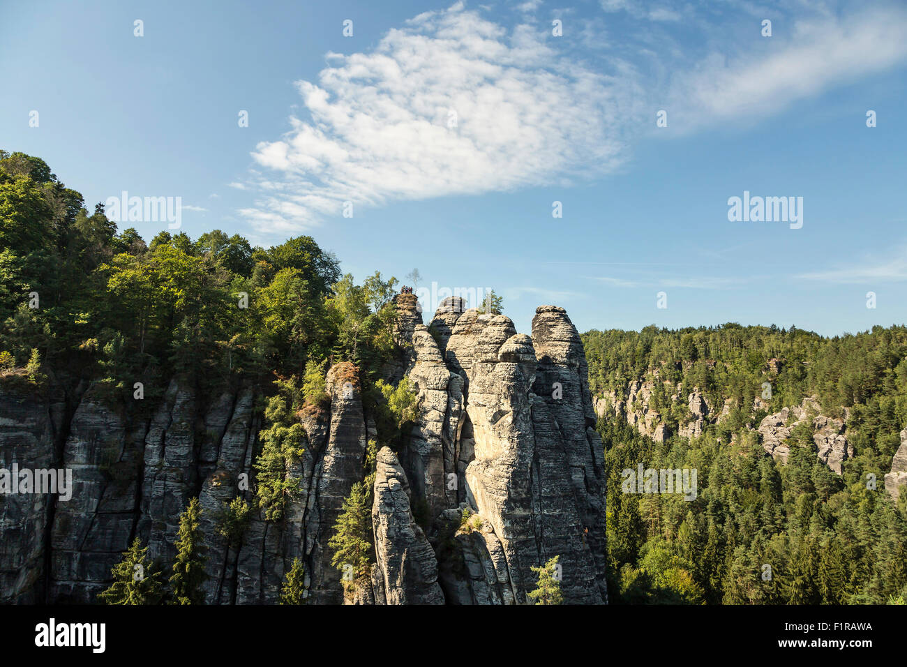 Sandstone rocks Bastein, forests and blue sky in the Germany ...