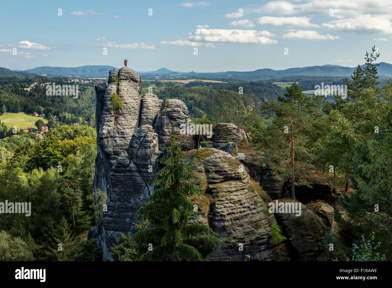 Sandstone rocks Bastein, forests and blue sky in the Germany ...